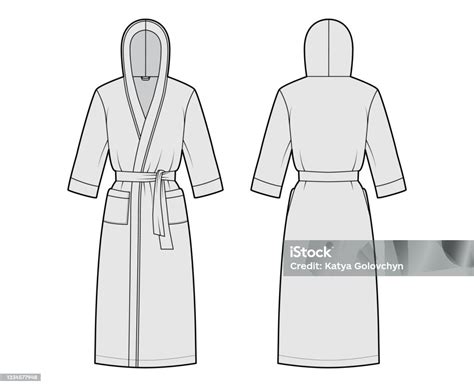 바스로브 후드 드레싱 가운 기술 패션 일러스트와 랩 오프닝 무릎 길이 넥타이 포켓 팔꿈치 소매 0명에 대한 스톡 벡터 아트 및 기타 이미지 Istock