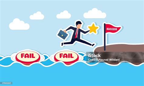 사업가는 물을 건너 육지에 도달하지 못한다고 표시된 구명 부표를 뛰어 넘고 통과하는 별을 들고 있으며 성공을 달성하기 위해 비즈니스 품질로 실패를 극복하는 그림을 보여줍니다