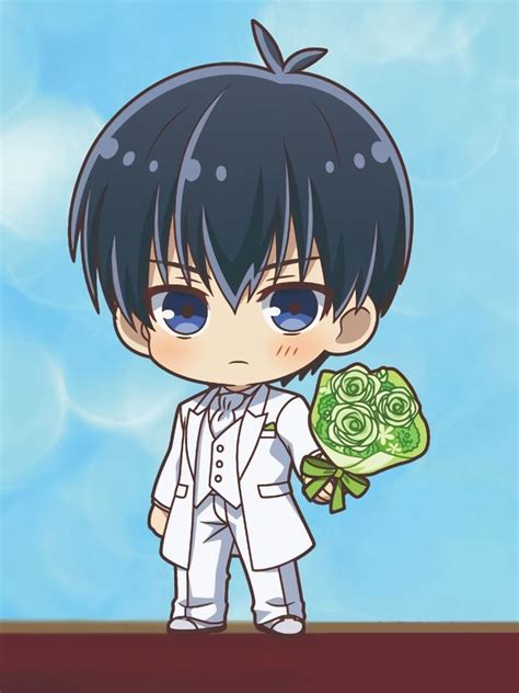 An Anime Character With Blue Eyes Holding A Green Rose In One Hand And Wearing A White Suit On