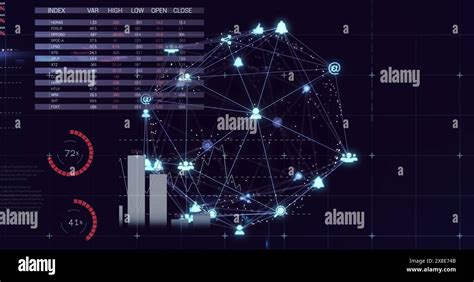 Image Of Statistical Data Processing And Globe Of Digital Icons Against Black Background Stock