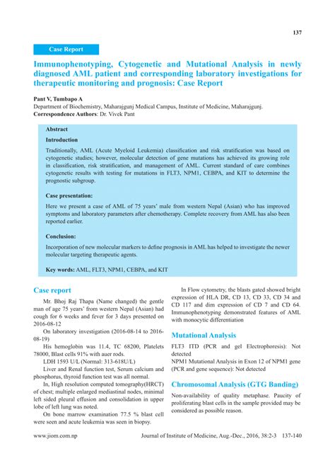 Pdf Immunophenotyping Cytogenetic And Mutational Analysis In Newly