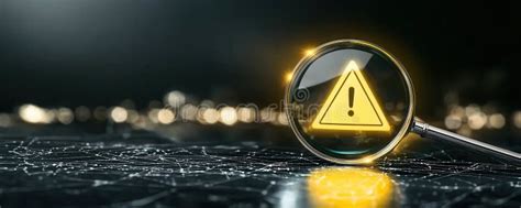 Notification Error And Risk Concept Warning Sign Magnified By Glass Lens Glowing In Darkness