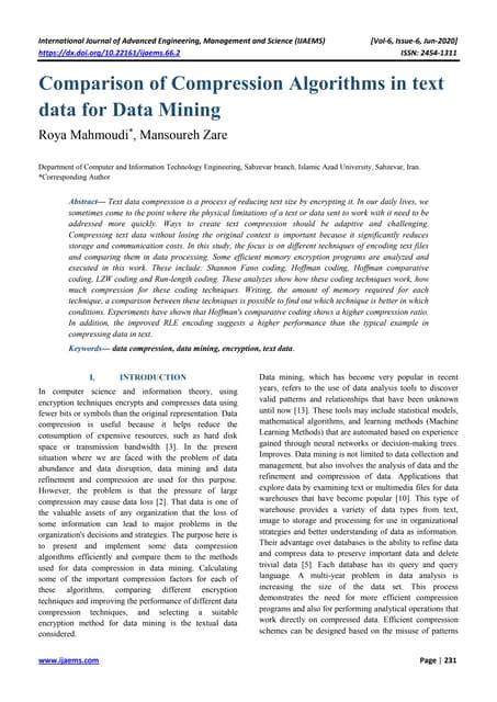 Comparison Of Compression Algorithms In Text Data For Data Mining Pdf