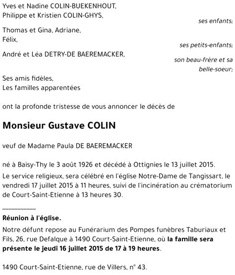 Avis de décès de Gustave COLIN décédé le 13 07 2015 à Ottignies