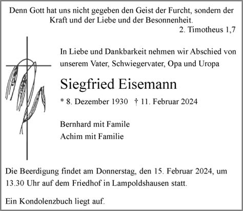 Traueranzeigen Von Siegfried Eisemann Trauerundgedenkende