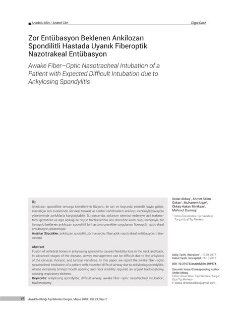 Pdf Awake Fiberoptic Nasotracheal Intubation Of A Patient With Ankylosing Spondylitis Expected
