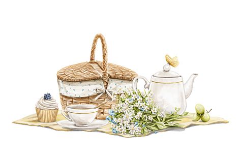 빈티지 고리 버들 세공 피크닉 바구니 격자 무늬 및 음식이 있는 수채화 만화 구성 수채화에 대한 스톡 벡터 아트 및 기타 이미지 수채화 티 파티 0명 Istock