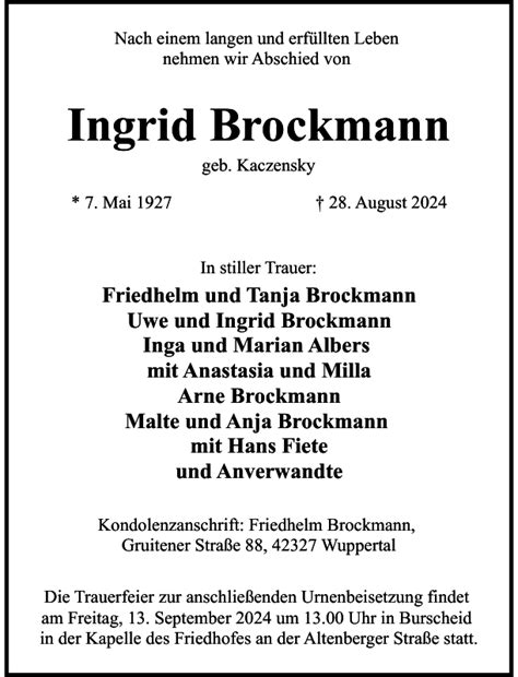 Ingrid Brockmann Traueranzeige Westdeutsche Zeitung