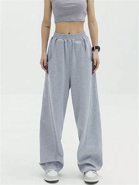 Solid Slant Pocket Sweatpants Trousers Women High Waisted Wide Leg