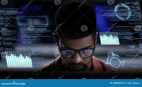 hologram man and programmer with focus computer coding and digital