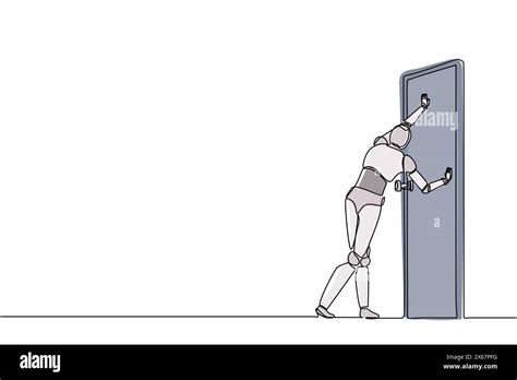Single One Line Drawing Robot Standing And Pushing Closed Door Future Technology Development