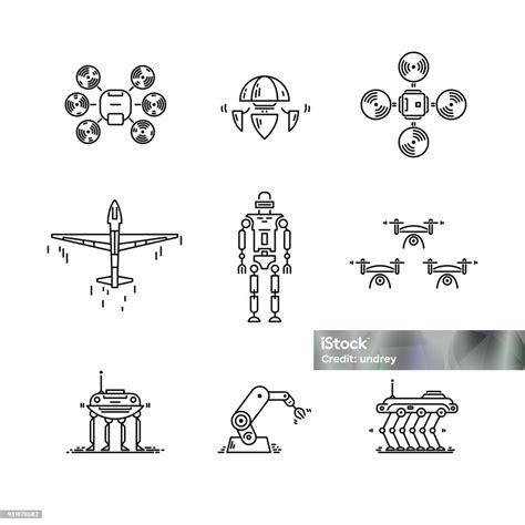 첨단 기술의 선 아이콘 세트입니다 인공 지능 로봇 Quadcopter 무인 항공기 비행기 및 조작 과학에 대한 스톡 벡터 아트 및 기타 이미지 Istock