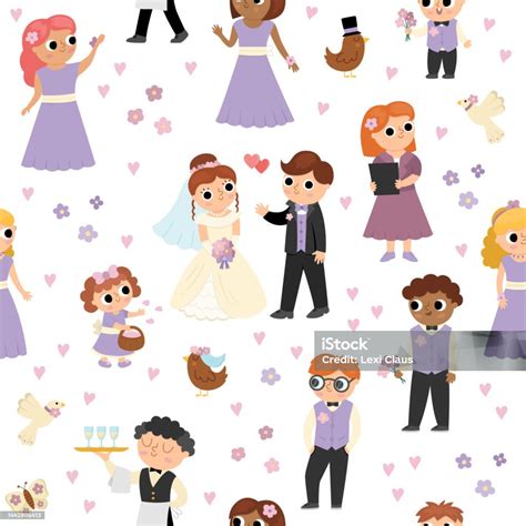 벡터 신부 신랑 및 그들의 손님과 함께 원활한 패턴입니다 귀여운 그냥 신부 들러리 신랑 어린이 웨이터 등록 기관과 함께 배경을 반복했다 결혼식 디지털 종이 결혼 의식에 대한