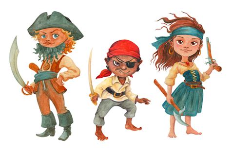 수채화 만화 해적 캐릭터 프리부츠 의상을 입은 고립된 아이들 해적 파티 초대장 또는 포스터 장식 포장 인쇄 또는 섬유 디자인에