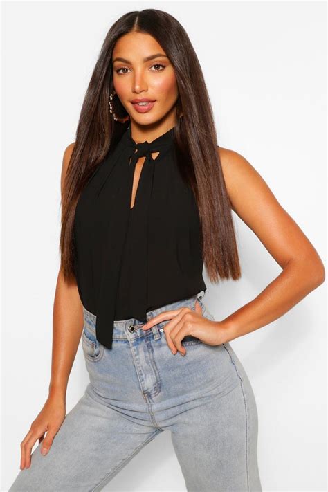 Khaki Tall Pussybow Sleeveless Blouse Boohoo Uk