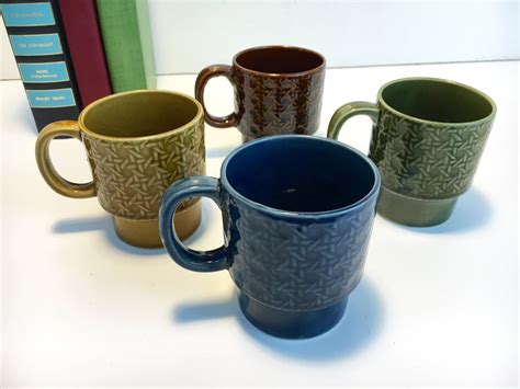 Set Of 4 Stacking Stackable Coffee Tea Mugs Cups Geometric