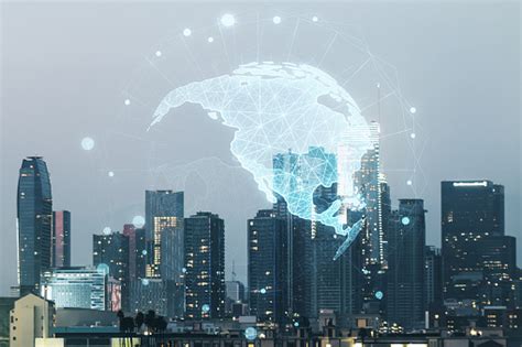 로스 앤젤레스 도시 고층 빌딩 배경 연구 및 전략 개념에 북미 홀로그램의 디지털지도의 이중 노출 미국에 대한 스톡 사진 및 기타 이미지 Istock