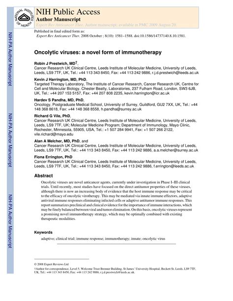 Pdf Oncolytic Viruses A Novel Form Of Immunotherapy