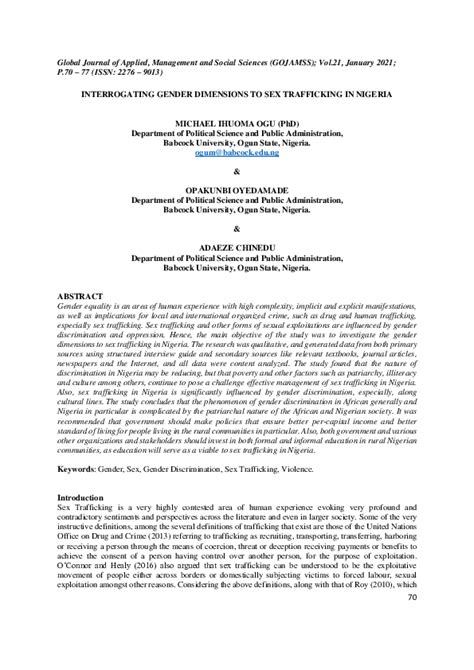 Pdf Interrogating Gender Dimensions To Sex Trafficking In Nigeria