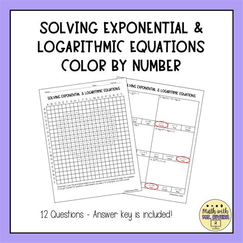 Valentines Day Solving Exponential And Logarithmic Equations Color By Number Worksheet Algebra 2