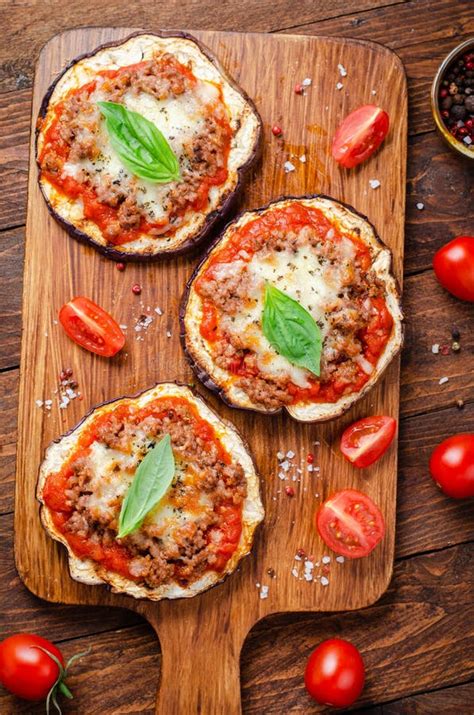 Eggplant Pizza With Tomato Sauce Minced Meat Mozzarella And Basil