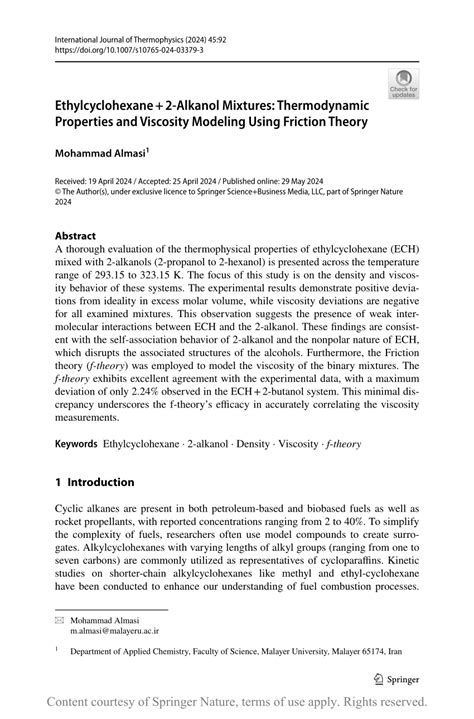Ethylcyclohexane 2 Alkanol Mixtures Thermodynamic Properties And