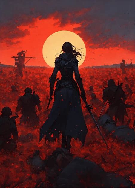 Premium Photo Back View Of An Assassin Woman On A Batte Field Covered