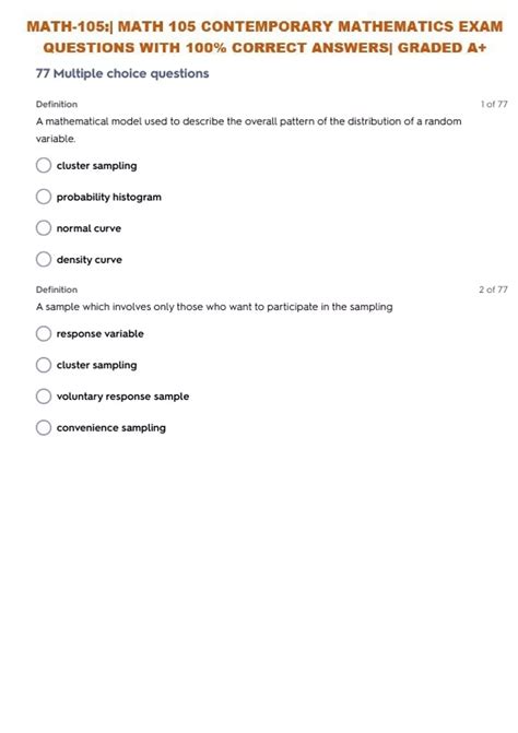 Math 105 Math 105 Contemporary Mathematics Self Test 20 Questions