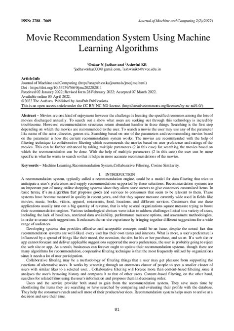 pdf movie recommendation system using machine learning algorithms