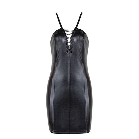 2017 Summer Sexy Women Pu Leather Dress Spaghetti Strap Bodycon Mini