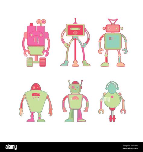 Cute Colorful Robot Icon Set On White Background Vector Illustration