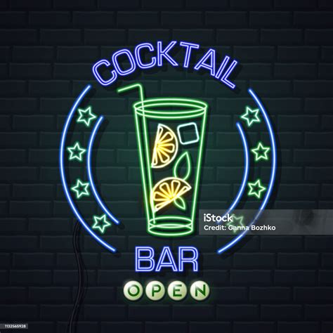 벽돌 벽 배경에 네온 사인 칵테일 바 빈티지 전기 간판입니다 0명에 대한 스톡 벡터 아트 및 기타 이미지 0명 검은색 고풍스런 Istock