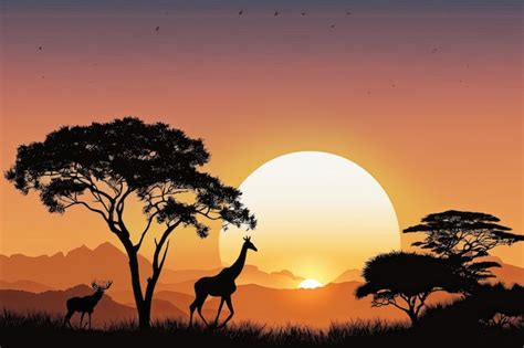 Premium Photo African Savannah Sunset With Silhouetted Acacia Trees