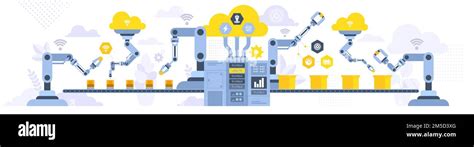 Assembly Line With Robotic Arms Flat Illustration Automated Production Process High Tech