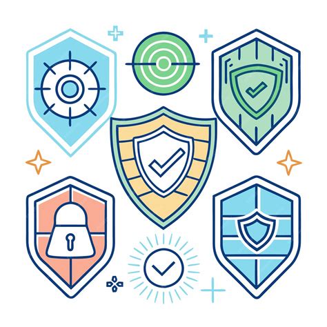 A Set Of Six Security Shield Icons With Various Symbols Including A