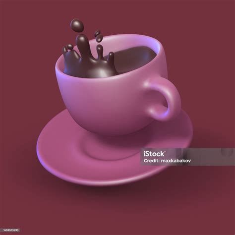 움직이는 커피나 핫초코가 튀는 3d 핑크 컵 보라색 배경에 떨어지는 도자기 머그잔 접시에 뜨거운 음료의 녹색 컵입니다 3차원 형태에 대한 스톡 벡터 아트 및 기타 이미지