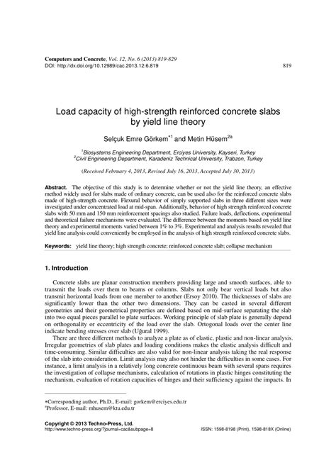 Pdf Load Capacity Of High Strength Reinforced Concrete Slabs By Yield Line Theory