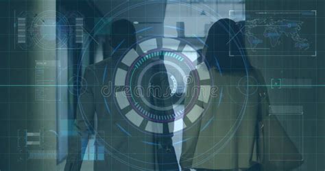 Animation Of Scope Scanning And World Map With Data Over Diverse Colleagues Walking In Office