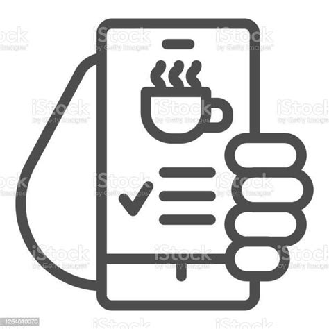 손은 화면 라인 아이콘에 커피 컵스마트 폰을 보유하고 커피 시간 개념 흰색 배경에 커피 브레이크 기호초대 메시지 개요 스타일의 온라인 카페 메뉴 아이콘 벡터 로고에 대한