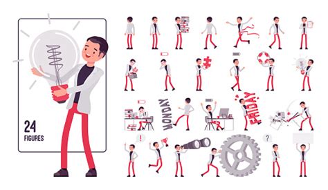 사업가 똑똑한 남성 사무실 노동자 캐릭터 세트 포즈 시퀀스 남자에 대한 스톡 벡터 아트 및 기타 이미지 남자 노트북 등장