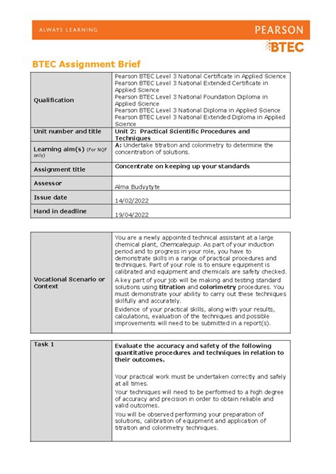 Unit 2 Authorised Assignment Brief For Learning Aim A Btec Assignment Brief Qualification