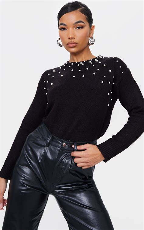 Black Pearl Detail Crew Neck Jumper Prettylittlething Aus