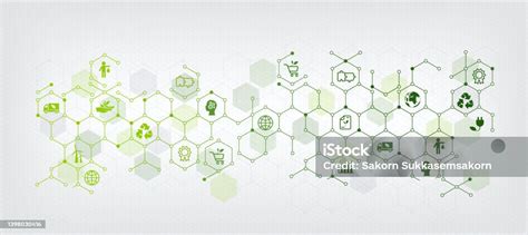 지속 가능한 비즈니스 환경 또는 녹색 비즈니스 엔지니어 벡터 일러스트 레이 션 비즈니스의 환경 보호 및 지속 가능성과 관련된 연결된 아이콘이있는 개념 지속 가능한 자원에