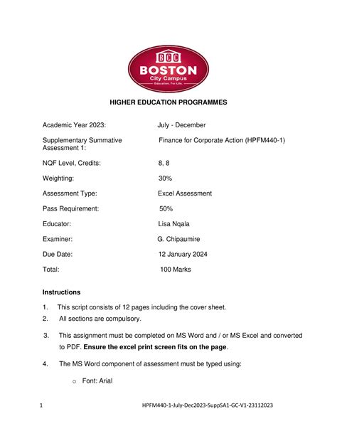 Finance Sa1 Supplementary Assignment Higher Education Programmes