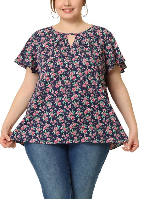 Agnes Orinda Womens Plus Size Shirts Chiffon Tops Keyhole Flared Short