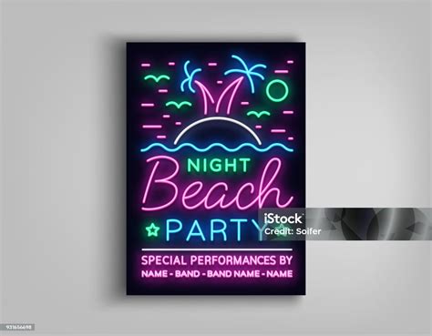 밤 비치 파티 포스터입니다 여름 파티 네온 스타일 전단지 팜 비치 음악의 밤 포스터 템플릿 밝은 네온 광고 파티 나이트 클럽 콘서트 디스코 벡터 일러스트 가벼운에 대한 스톡