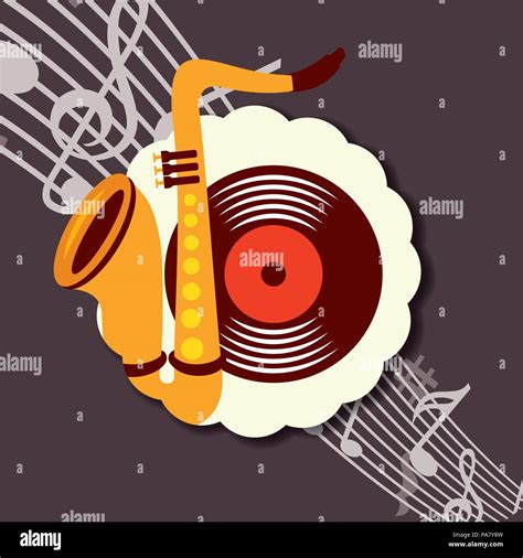 Jazz Festival Instruments Label With Disk Saxophone Music Notes Vector Illustration Stock Vector