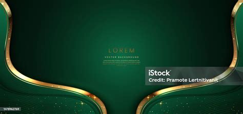 Green Elegant Background With Golden Curved Lines And Lighting Effect With Copy Space For Text