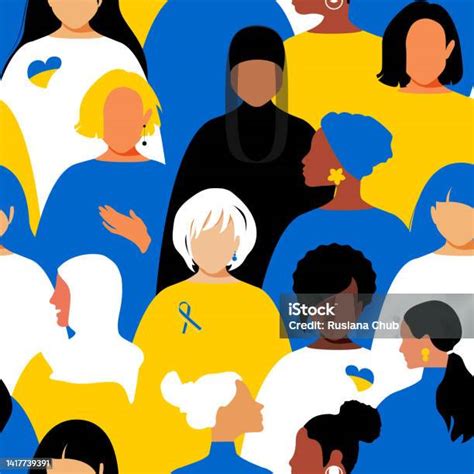 다른 국적과 종교의 여성 원활한 패턴 평등권을 위한 투쟁에서 단결한다는 개념 독립 기념일에 우크라이나에 대한 지원 팔월 24 2022 벡터 여자에 대한 스톡 벡터 아트 및