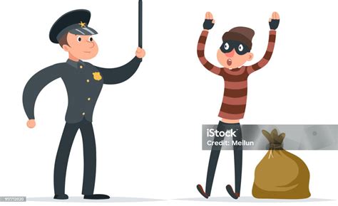 잡힌 도둑 항복 전리품 경찰관 캐릭터 만화 디자인 벡터 일러스트 레이 션 감시에 대한 스톡 벡터 아트 및 기타 이미지 감시